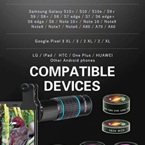 Phone Camera Lens Kit 10 in 1 for iPhone Samsung Pixel Android, 22X Telephoto Lens, 0.63Wide Angle Lens&15X Macro Lens, 198° Fisheye Lens,Kaleidoscopes, CPL+Tripod，for Most Smartphone