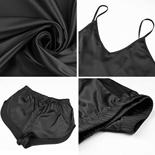 WiWi Womens Silk Satin Pajamas Set Sexy Sleepwear Cami Shorts Lingerie 2 Piece Nightwear Adjustable Straps S-XXL, Black, XX-Large