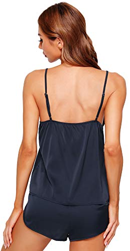 WiWi Womens Silk Satin Pajamas Set Sexy Sleepwear Cami Shorts Lingerie 2 Piece Nightwear Adjustable Straps S-XXL, Navy, Large