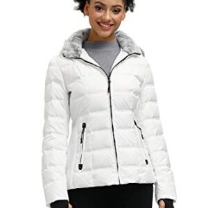 SLOW DOWN Women Midweight Down Puffer Jacket, Warm Hooded Winter Down Jacket for Women with Faux-Fur Hood & Collar (White, L)