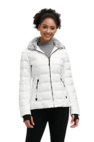 SLOW DOWN Women Midweight Down Puffer Jacket, Warm Hooded Winter Down Jacket for Women with Faux-Fur Hood & Collar (White, L)