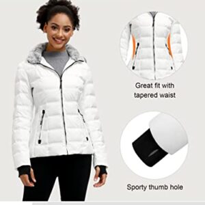 SLOW DOWN Women Midweight Down Puffer Jacket, Warm Hooded Winter Down Jacket for Women with Faux-Fur Hood & Collar (White, L)