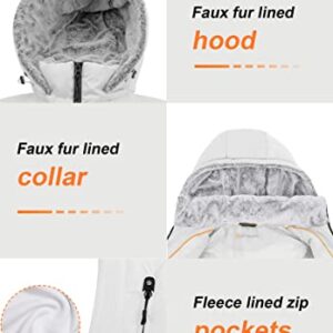 SLOW DOWN Women Midweight Down Puffer Jacket, Warm Hooded Winter Down Jacket for Women with Faux-Fur Hood & Collar (White, L)