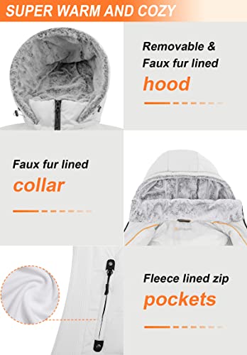 SLOW DOWN Women Midweight Down Puffer Jacket, Warm Hooded Winter Down Jacket for Women with Faux-Fur Hood & Collar (White, L)