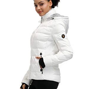 SLOW DOWN Women Midweight Down Puffer Jacket, Warm Hooded Winter Down Jacket for Women with Faux-Fur Hood & Collar (White, L)