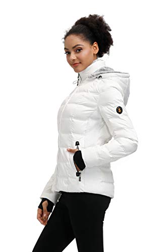 SLOW DOWN Women Midweight Down Puffer Jacket, Warm Hooded Winter Down Jacket for Women with Faux-Fur Hood & Collar (White, L)