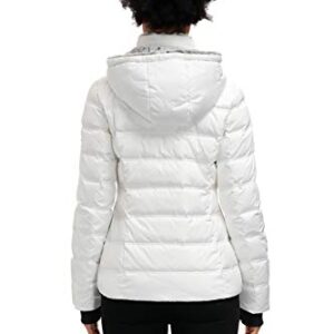 SLOW DOWN Women Midweight Down Puffer Jacket, Warm Hooded Winter Down Jacket for Women with Faux-Fur Hood & Collar (White, L)