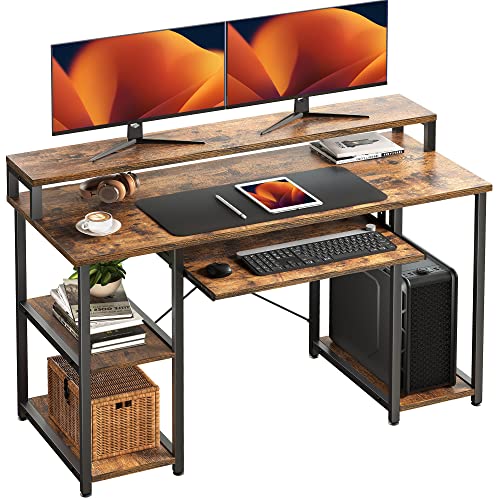 NOBLEWELL Computer Desk with Storage Shelves, 47 inch Home Office Desk with Monitor Stand, Writing Desk Table with Keyboard Tray (Rustic Brown)