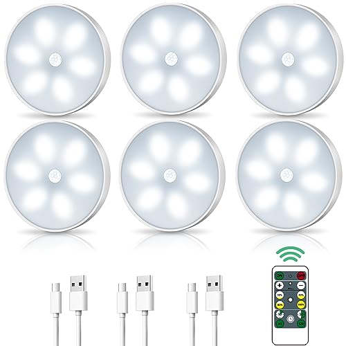 Lightbiz LED Closet Lights Motion Sensor Puck Light, USB Rechargeable Battery Powered Puck Lights with Remote, Dimmable Under Cabinet Counter Lighting with Magnet Stick-on for Bedroom Kitchen (6 Pack)