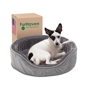 furhaven orthopedic dog bed for medium/small dogs w/ removable washable cover, for dogs up to 18 lbs - plush & velvet oval lounger - smoke gray, medium