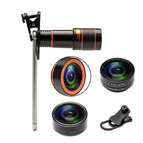 Fgzefort Phone Camera Lenses 4 in 1 Cell Phone Lens Kit 12X Telephoto Lens, 0.63X Wide Angle Lens & 15x Macro Lens, 198°Fisheye Lens, Eye Cup, Clip, Compatible with iPhone, Samsung Android Phone