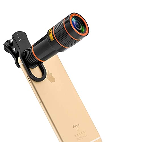 Fgzefort Phone Camera Lenses 4 in 1 Cell Phone Lens Kit 12X Telephoto Lens, 0.63X Wide Angle Lens & 15x Macro Lens, 198°Fisheye Lens, Eye Cup, Clip, Compatible with iPhone, Samsung Android Phone