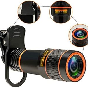 Fgzefort Phone Camera Lenses 4 in 1 Cell Phone Lens Kit 12X Telephoto Lens, 0.63X Wide Angle Lens & 15x Macro Lens, 198°Fisheye Lens, Eye Cup, Clip, Compatible with iPhone, Samsung Android Phone