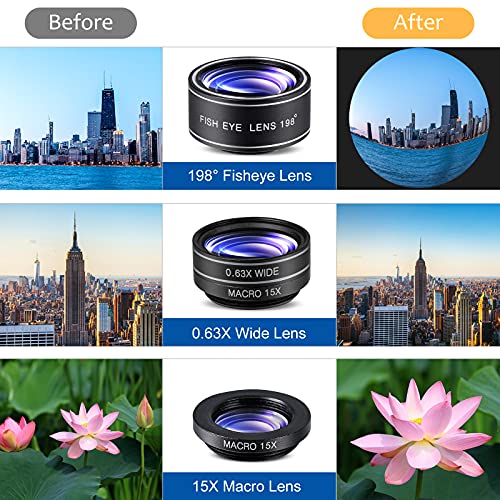 Fgzefort Phone Camera Lenses 4 in 1 Cell Phone Lens Kit 12X Telephoto Lens, 0.63X Wide Angle Lens & 15x Macro Lens, 198°Fisheye Lens, Eye Cup, Clip, Compatible with iPhone, Samsung Android Phone