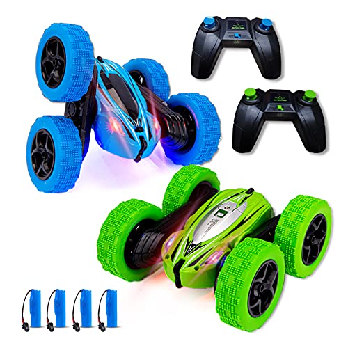 2 Pack Remote Control Car, RC Stunt Cars for Boys, 4WD 2.4Ghz Double Sided 360° Rotating RC Car for Kids, 4 Rechargeable Battery, Blue+Green