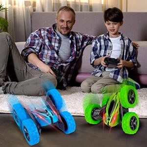 2 Pack Remote Control Car, RC Stunt Cars for Boys, 4WD 2.4Ghz Double Sided 360° Rotating RC Car for Kids, 4 Rechargeable Battery, Blue+Green