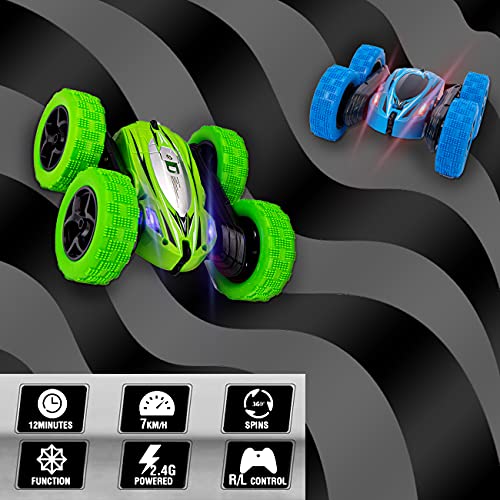 2 Pack Remote Control Car, RC Stunt Cars for Boys, 4WD 2.4Ghz Double Sided 360° Rotating RC Car for Kids, 4 Rechargeable Battery, Blue+Green