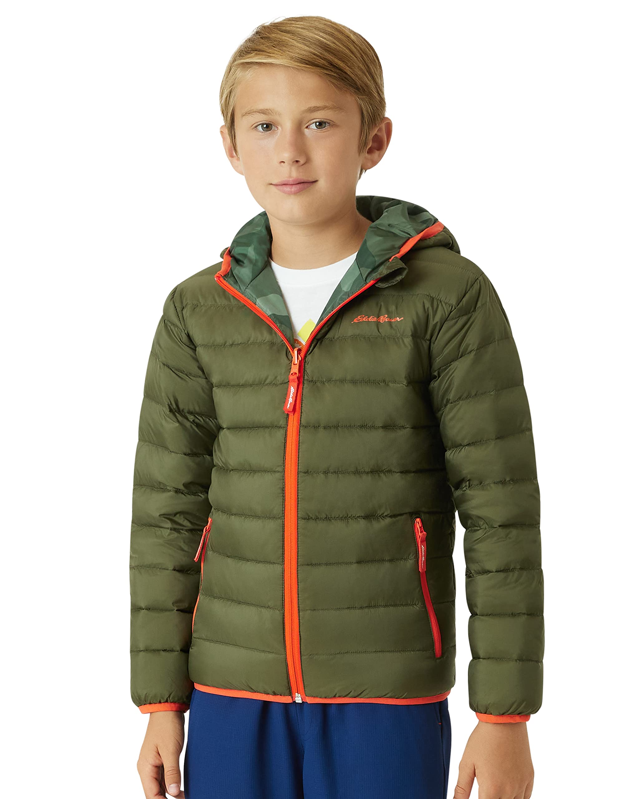 Eddie Bauer Kids' Reversible Jacket - Lightweight Waterproof Quilted Down Raincoat for Boys and Girls (3-20), Size 18-20, Olive