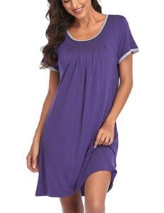 colorfulleaf women's nightgown short sleeve nightshirt sleep shirt comfy sleepwear pleated scoopneck sleepshirt (dark-purple, s)