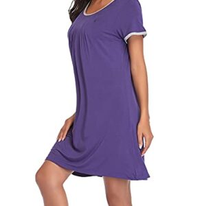 COLORFULLEAF Women's Nightgown Short Sleeve Nightshirt Sleep Shirt Comfy Sleepwear Pleated Scoopneck Sleepshirt (Dark-purple, S)