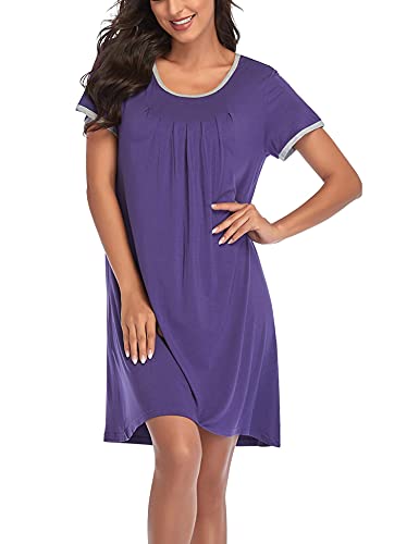 COLORFULLEAF Women's Nightgown Short Sleeve Nightshirt Sleep Shirt Comfy Sleepwear Pleated Scoopneck Sleepshirt (Dark-purple, S)