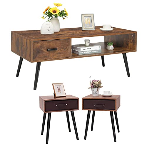 Iwell Mid-Century Boho Coffee Table & Nightstand Set of 2, 2 Piece Furniture for Living Room, End Table with Drawer, TV Console, Office Sofa Table, Cocktail Table