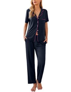 ekouaer womens 2-piece casual button down nightwear short sleeve pajama set, deep navy blue, medium