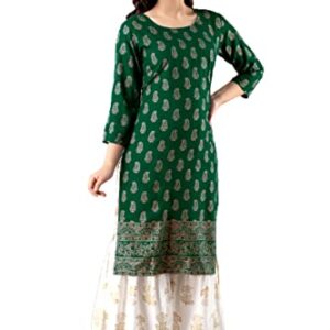 Chandrakala Women's Rayon Cotton Tunic Top 3/4th Sleeve Straight Kurti Kurta,X-Large,Bottle Green (K163BOT4)