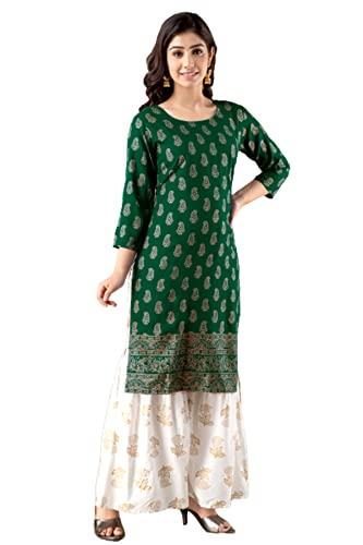 Chandrakala Women's Rayon Cotton Tunic Top 3/4th Sleeve Straight Kurti Kurta,X-Large,Bottle Green (K163BOT4)