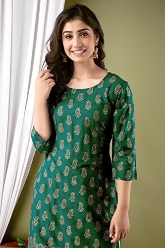 Chandrakala Women's Rayon Cotton Tunic Top 3/4th Sleeve Straight Kurti Kurta,X-Large,Bottle Green (K163BOT4)