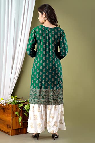 Chandrakala Women's Rayon Cotton Tunic Top 3/4th Sleeve Straight Kurti Kurta,X-Large,Bottle Green (K163BOT4)