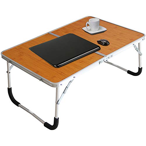 Jucaifu Foldable Laptop Table, Bed Desk, Breakfast Serving Bed Tray, Portable Mini Picnic Table & Ultra Lightweight, Folds in Half with Inner Storage Space (Bamboo Wood Grain)