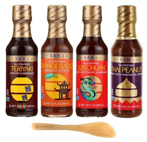 spice of life san-j gluten free stir-fry & marinade sauces, teriyaki, orange sauce, szechuan, and thai peanut - with make your day 4-in-1 measuring spoon, 10 fl oz, pack of 4