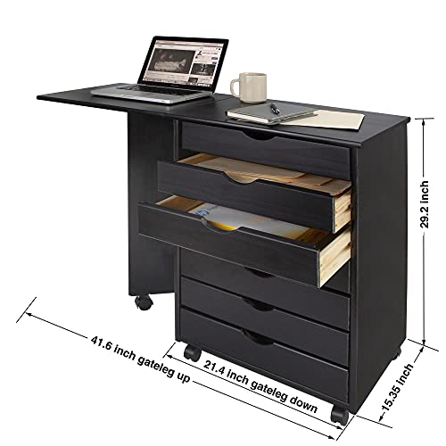 Adeptus Original Drop Leaf Roll Cart with Desk, Sold Wood, 7 Drawer Extra Wide Drawers Roll Carts, Black