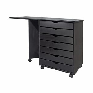 Adeptus Original Drop Leaf Roll Cart with Desk, Sold Wood, 7 Drawer Extra Wide Drawers Roll Carts, Black