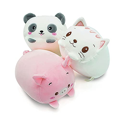 Onsoyours Plush Toys Set, 3Pcs Stuffed Animals with Panda, Pig and Cat, Creative Decoration Cuddly Plush Pillows 9" for Kids Girls Boys (Panda/Pig/Cat)