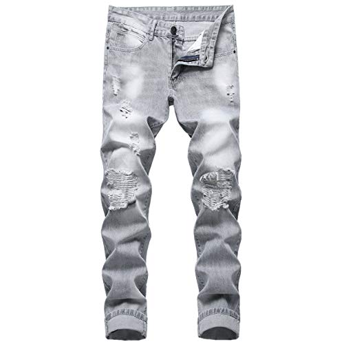 LZLER Mens Ripped Jeans,Distressed Destroyed Slim Fit Straight Leg Denim Pant with Holes(Light Grey 870,36)