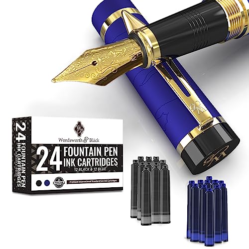 Wordsworth & Black Primori Fountain Pen Set [Blue Gold]; Medium Nib, Gift Case, 24 Ink Cartridges, Refill Converter, Manual; Journaling, Calligraphy, Smooth Writing Pens; Left & Right Handed