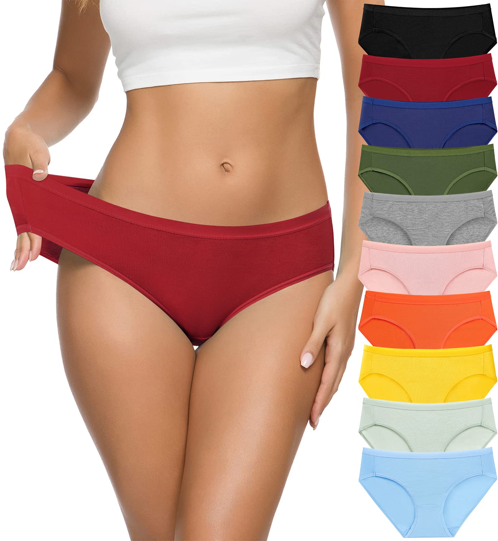 CULAYII Ladies Cotton Bikini Panties, High-Cut Full Coverage Stretch Cool Soft Womens Underwear Packs - 10 Pack, M