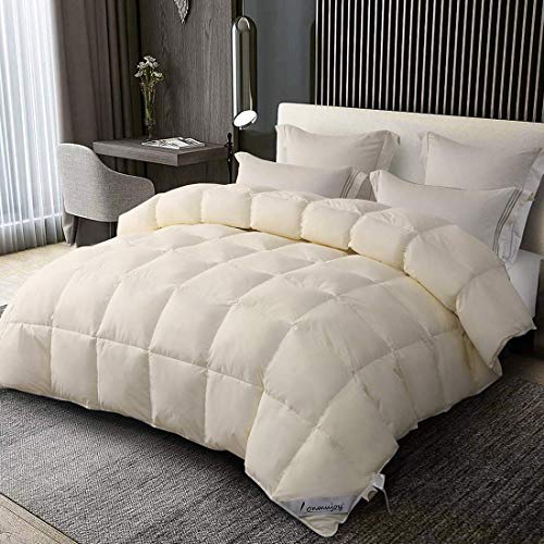 ENMUJOY Goose Down Comforter King Size Duvet Fluffy All Season Bedding Medium Warmth Soft 100% Cotton Cover Quilted 8 Corner Tabs 50 oz (Beige, King)