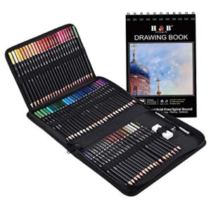 h & b 76 colored pencils & sketchbook drawing kit, artist coloring supplies for adults kids beginner -sketching blending丨soft oil base core, professional coloured set with case sharpener art paper