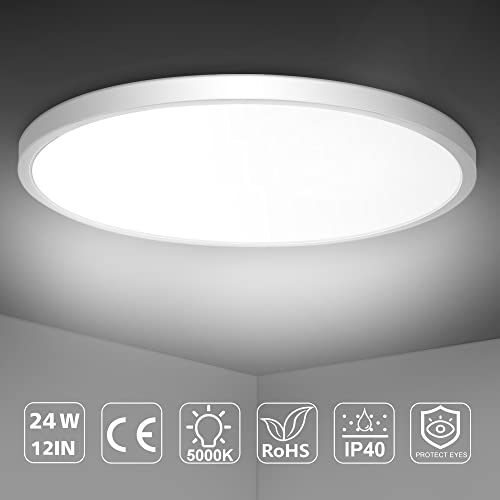 LED Flush Mount Ceiling Light Fixture, 5000K Daylight White 24W(240W Equivalent) 12 Inch Flat Modern Ceiling Lighting, 3200LM Ceiling Lamp for Bathroom Porch, Kitchen, Bedroom, Living Room, Hallway