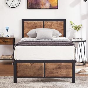 vecelo twin platform bed frame with rustic vintage wood headboard, mattress foundation, strong metal slats support, no box spring needed