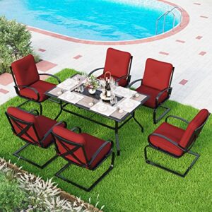 MFSTUDIO 7PCS Outdoor Patio Dining Table Set, 6 Spring Motion Chairs, 1 Rectangular Table Woodlike Top with 1.57" Umbrella Hole, Lawn Backyard Garden Furniture Sets, Burgundy