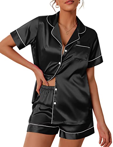 Ekouaer Womens Loungewear Satin Short Sleeve Top and Shorts Pajamas Set, Black, Medium