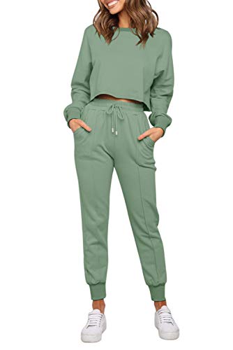 ZESICA Women's Long Sleeve Crop Top and Pants Pajama Sets 2 Piece Jogger Long Sleepwear Loungewear Pjs Sets,Green,Large