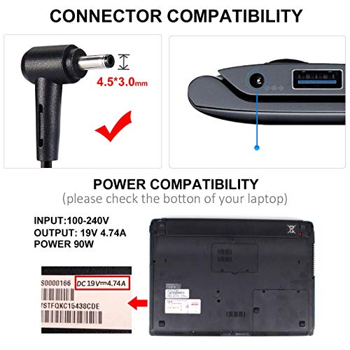 90W 19V 4.74A Adapter Charger Replace for ASUS Q524 Q524U Q534 Q534U Q524UQ Q534UX Q534UXK P2540U P2540UA P2540NV P2540UV Q524UQ-BBI7T15 2-in-1 15.6" Touch-Screen Laptop Power Cord 4.5 mm×3.0 mm