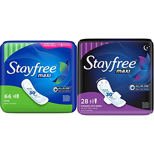 Stayfree Maxi Pads for Women, Super - 66 Count with Stayfree Maxi Overnight Pads with Wings for Women 28 Counts