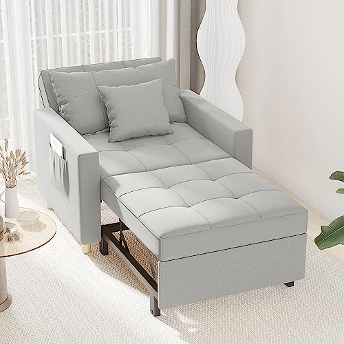 Esright 40 Inch Sleeper Chair Bed 3-in-1 Convertible Futon Multi-Functional Sofa Bed Adjustable Reading Chair with Modern Linen Fabric, Light Grey