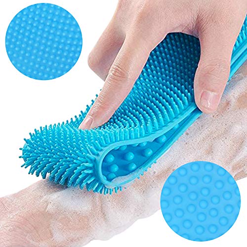 Silicone Bath Body Brush, Exfoliating Silicone Body Back Scrubber, Deep Clean Back Acne & Bacne, Extra Long and Super Soft, Suitable for Women ＆ Men (Blue)